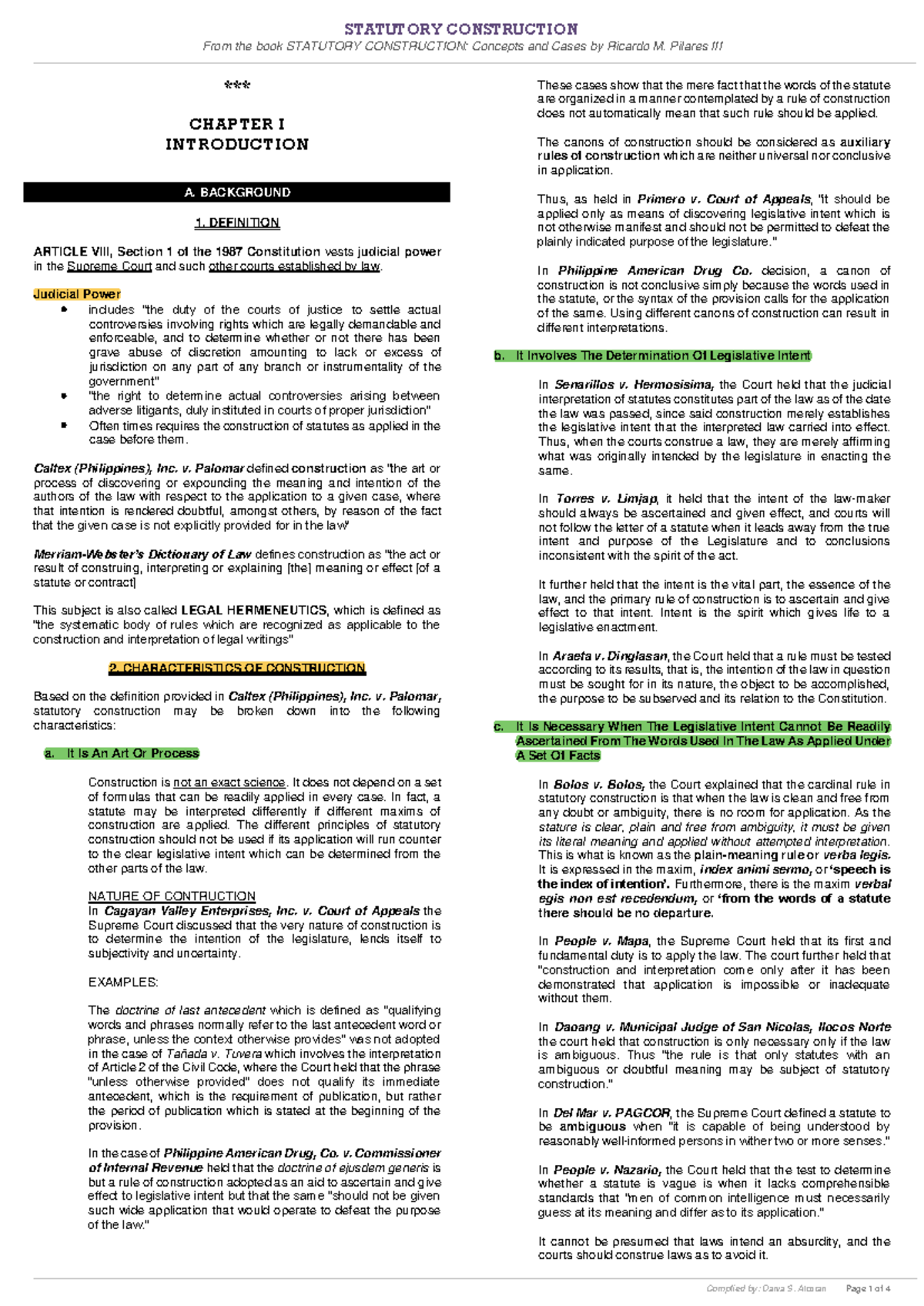 Statcon Pilares Notes on Statutory Construction: Chapter 1 Overview ...