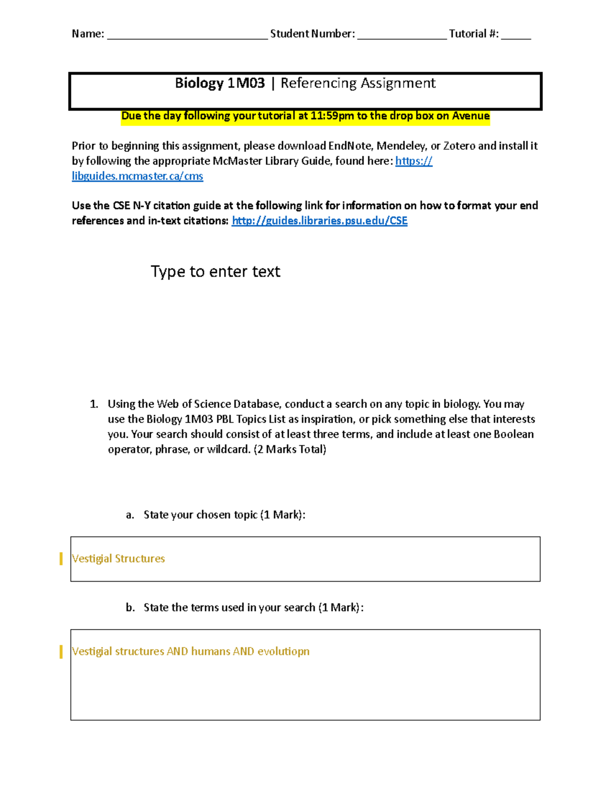 Bio Tutorial #1 - Name: ___________________________ Student Number ...