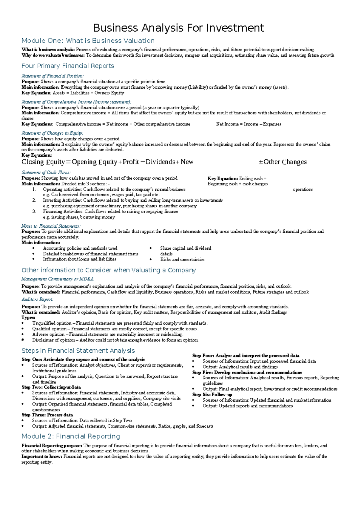 BAFI - Comprehensive Business Valuation and Financial Analysis Notes ...