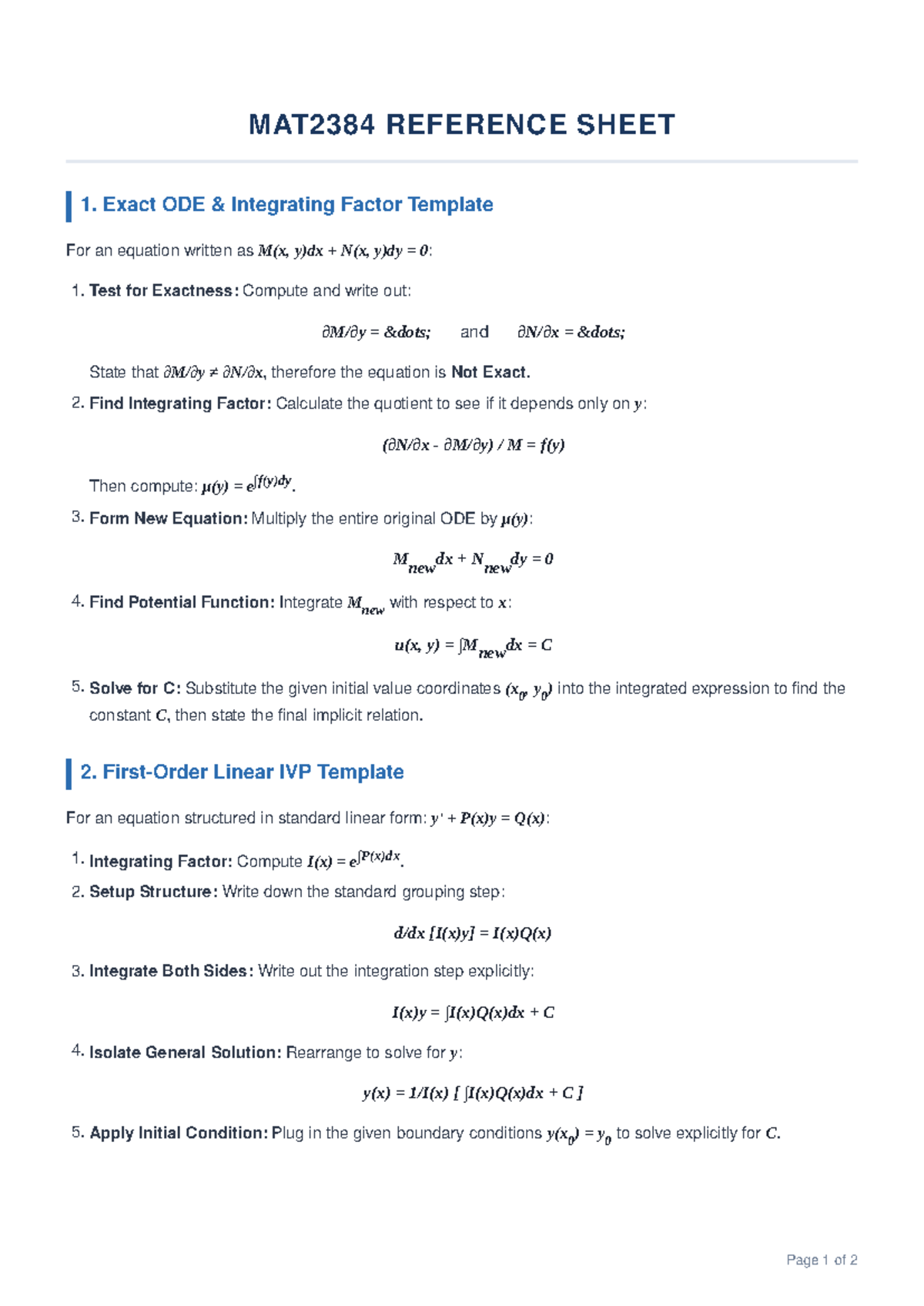 MAT2384 Exact ODE & Linear IVP Integrating Factor Guide - Studocu