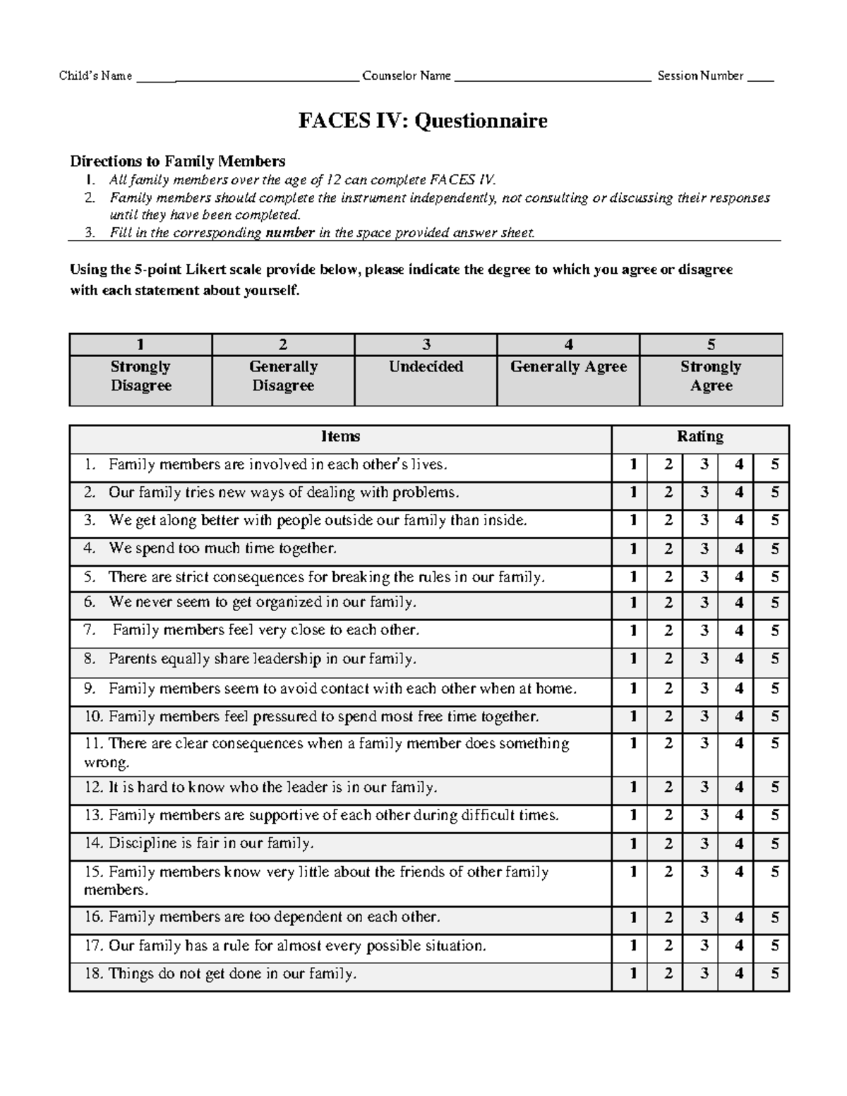FACES IV Questionnaire Directions for Family Members - Studocu