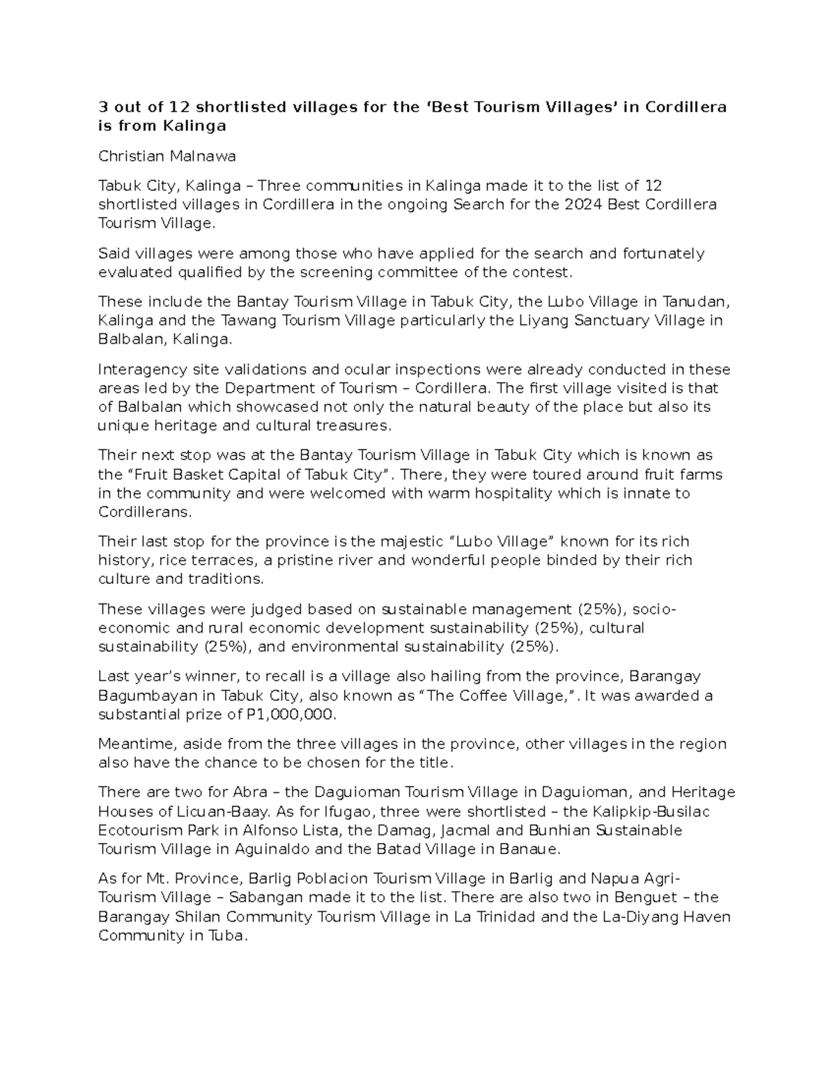 3 of 12 Shortlisted Villages for 'Best Tourism Villages' in Cordillera ...