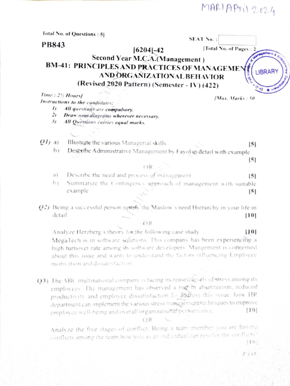 BM 41 March-April 2024 - Principles and Practices of Management Exam ...