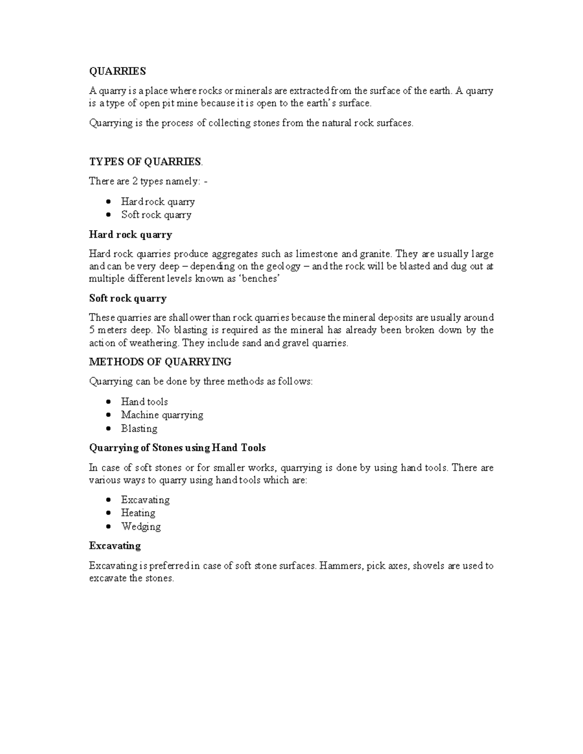 Quarries: Types, Methods, and Processes of Extraction - Studocu
