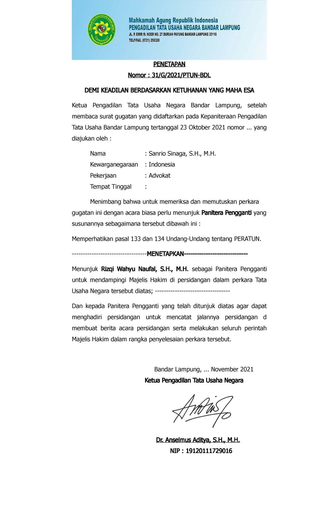 Penetapan Panitera Pengganti dalam Perkara PTUN 31/2021 - Studocu