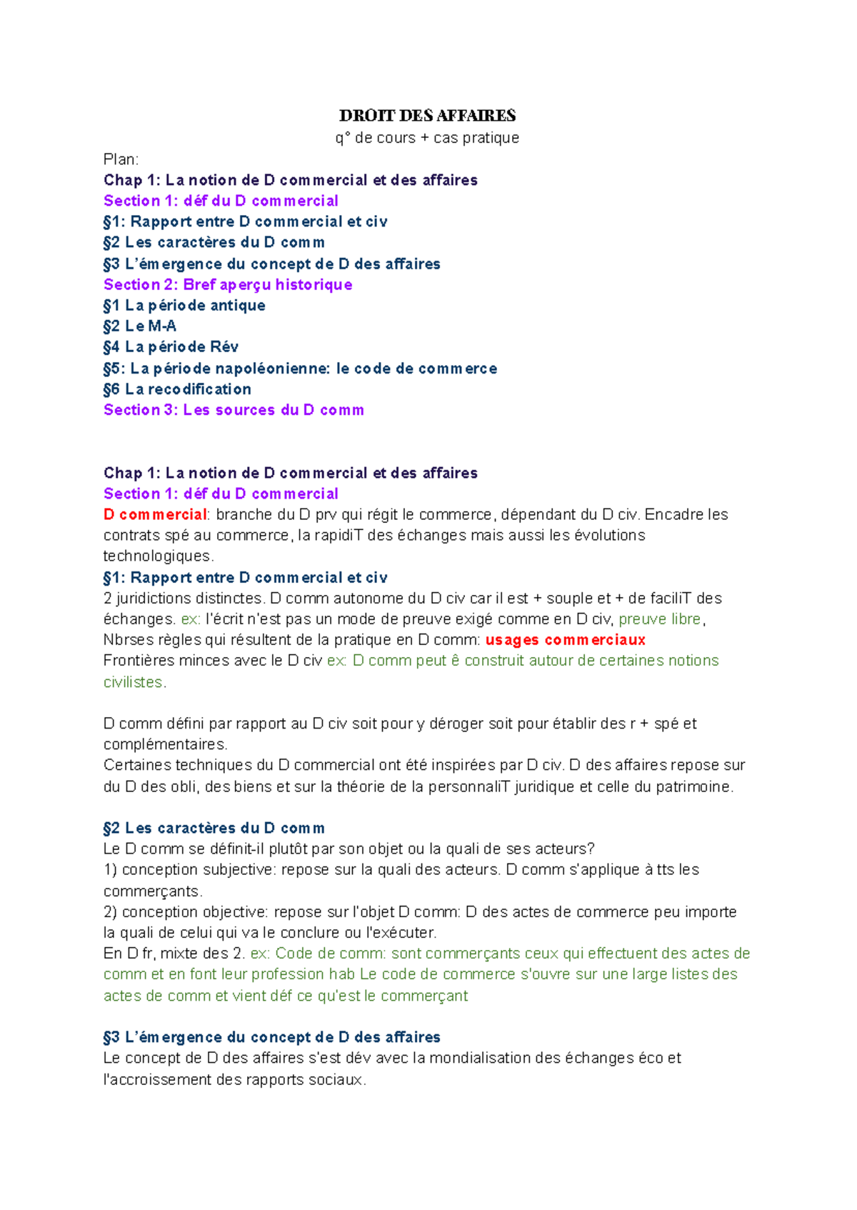 Droit des affaires - DROIT DES AFFAIRES q° de cours + cas pratique Plan ...