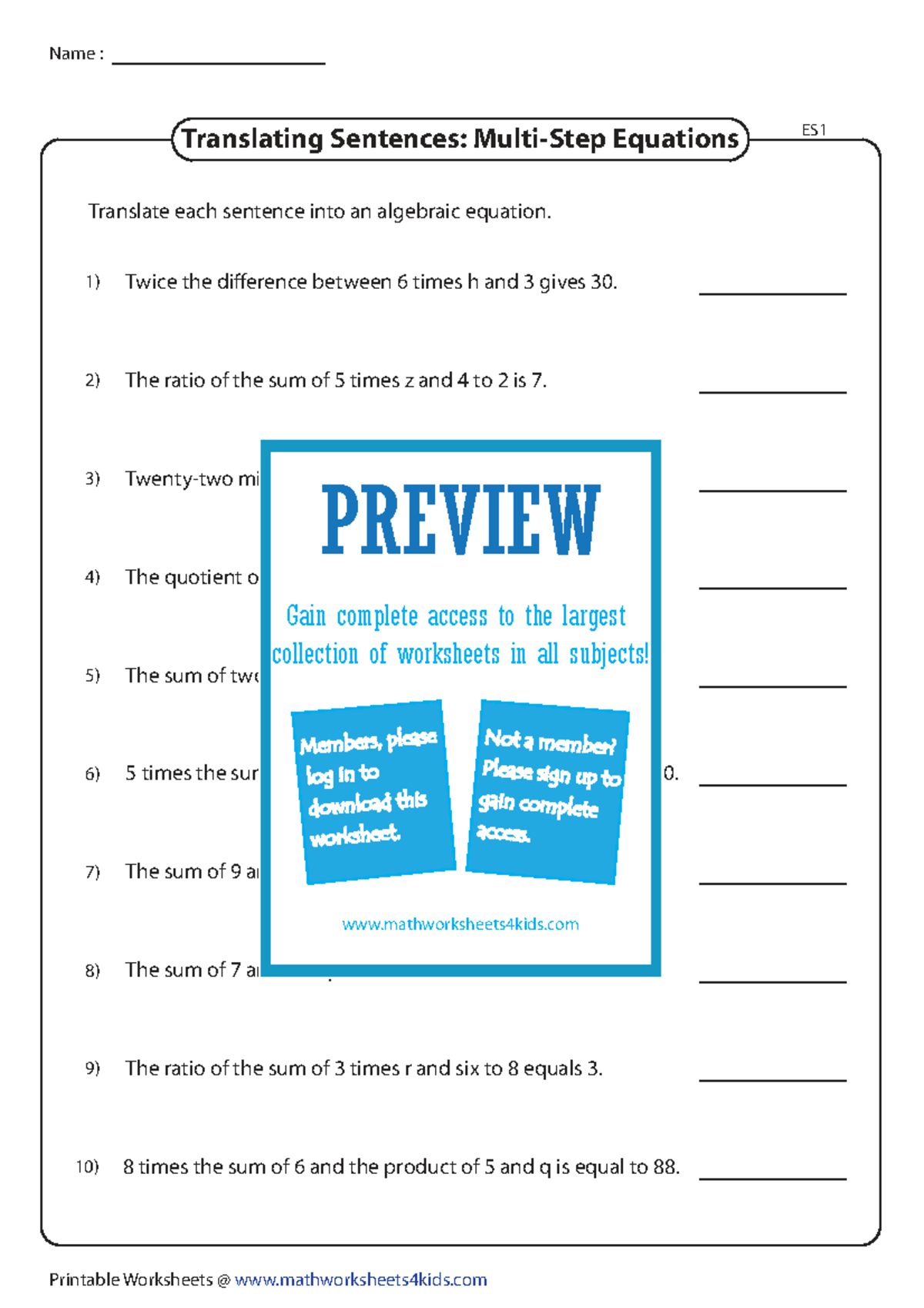 Math Expressions Translation: Algebraic Equations (ES) - Studocu