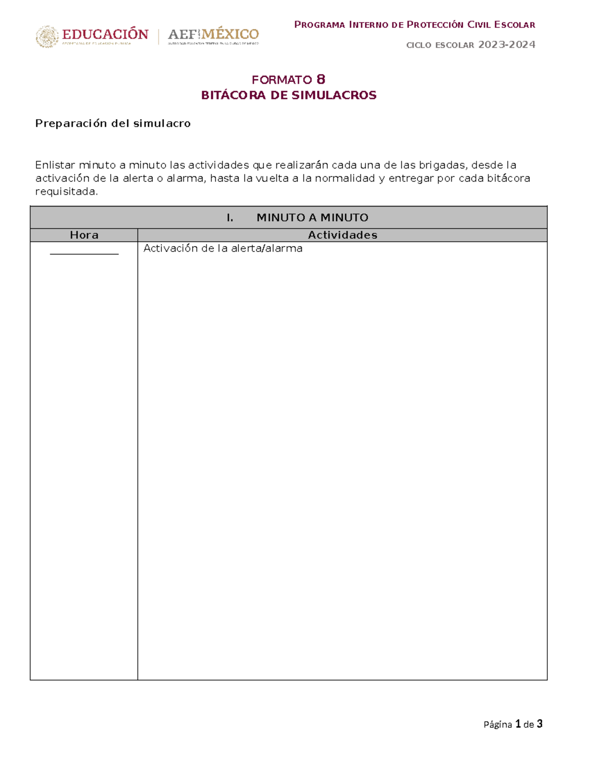 Bitácora de Simulacros 2024 para Protección Civil Escolar - Studocu