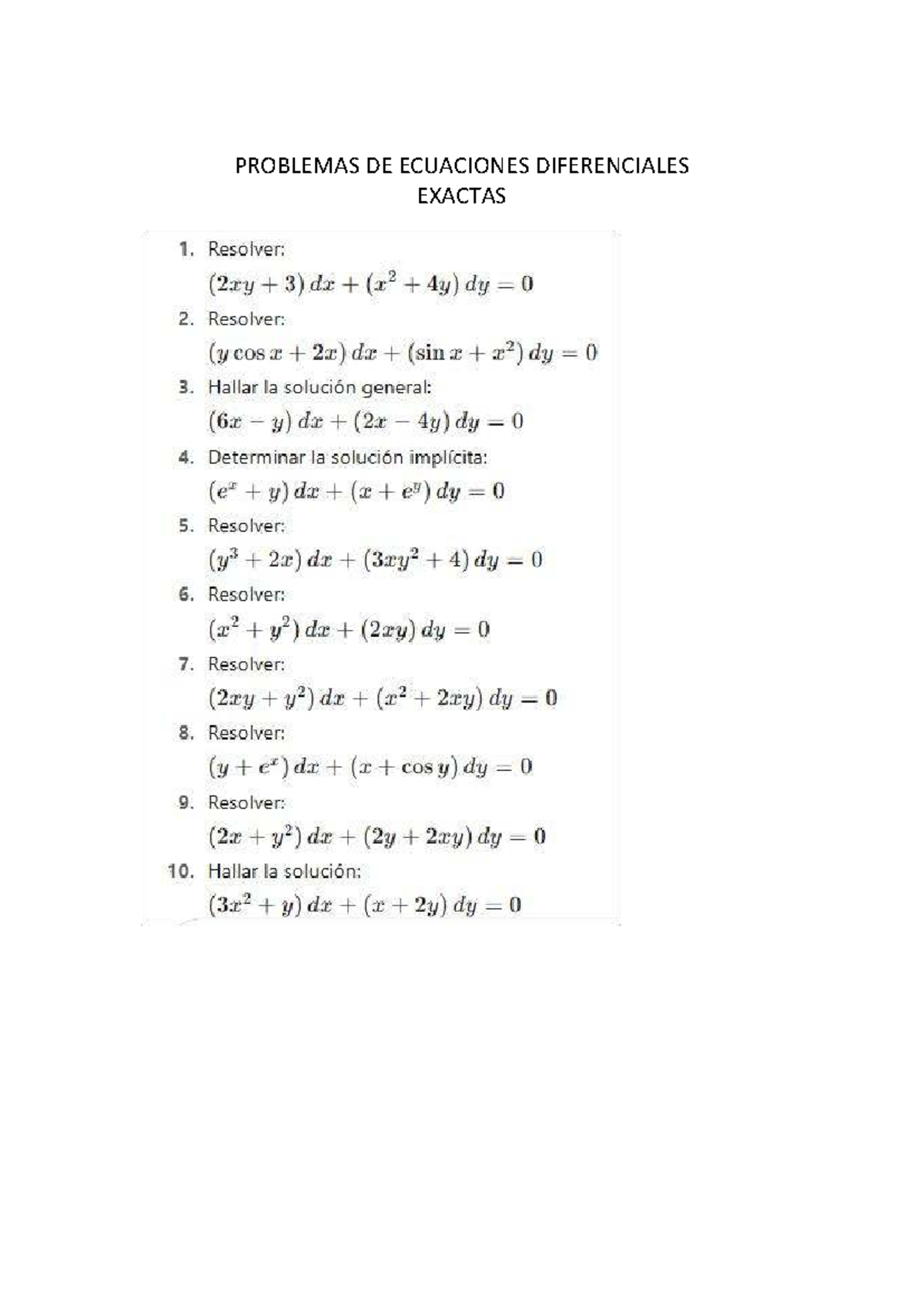 Problemas de Ecuaciones Diferenciales Exactas - Ejercicios 1-10 - Studocu