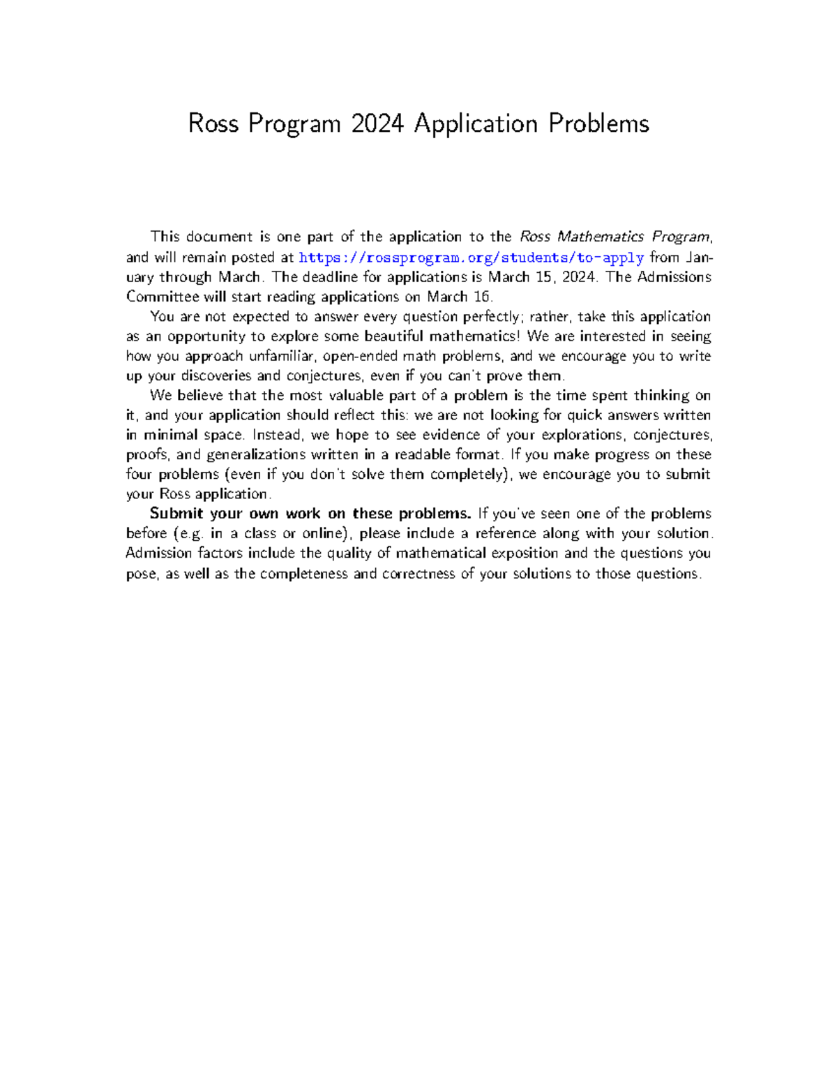 Ross Program 2024 Application Problems and Mathematical Explorations ...