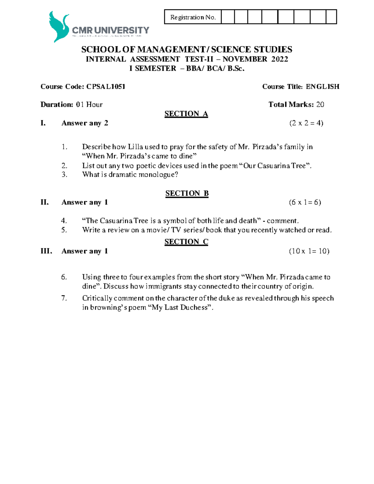 I BCA English Internal Assessment Test-2 22-25 - SCHOOL OF MANAGEMENT ...