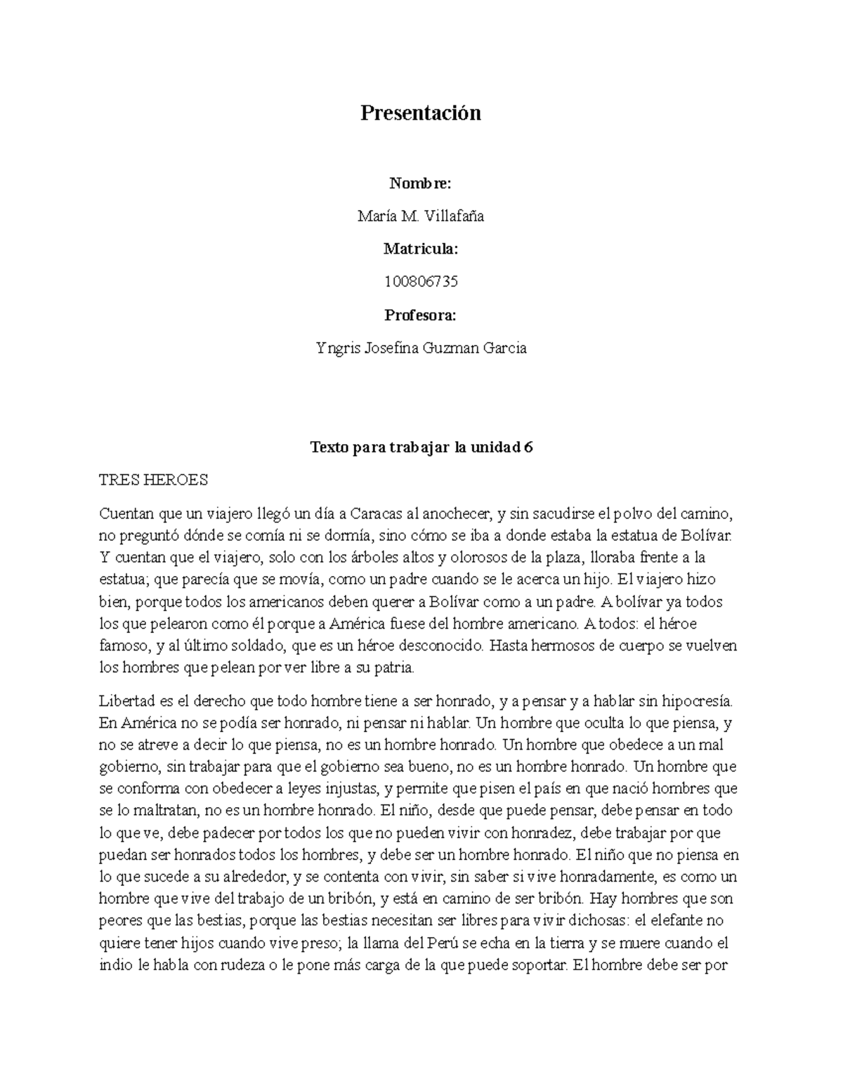 Tarea de la Unidad 6: Análisis de "Tres Héroes" de José Martí - Studocu