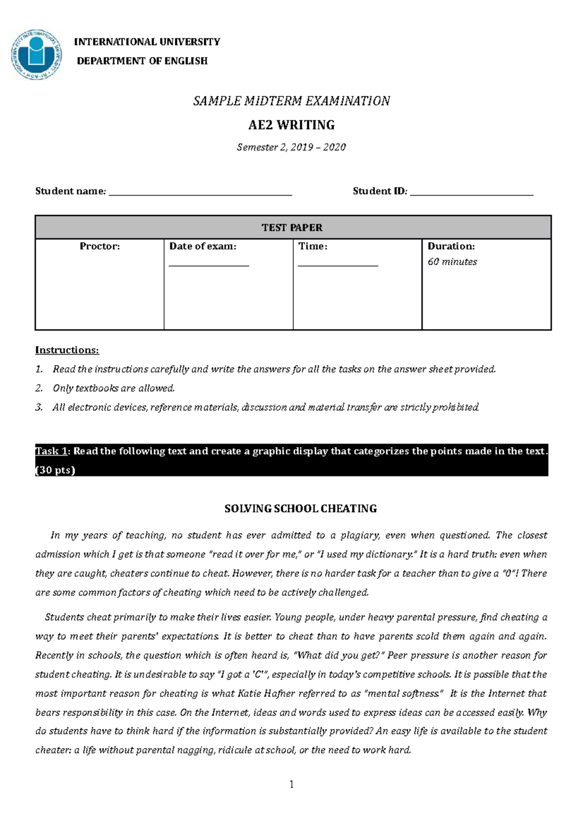 Sample AE2 Writing Midterm Exam - Semester 2, 2019-2020 - Studocu