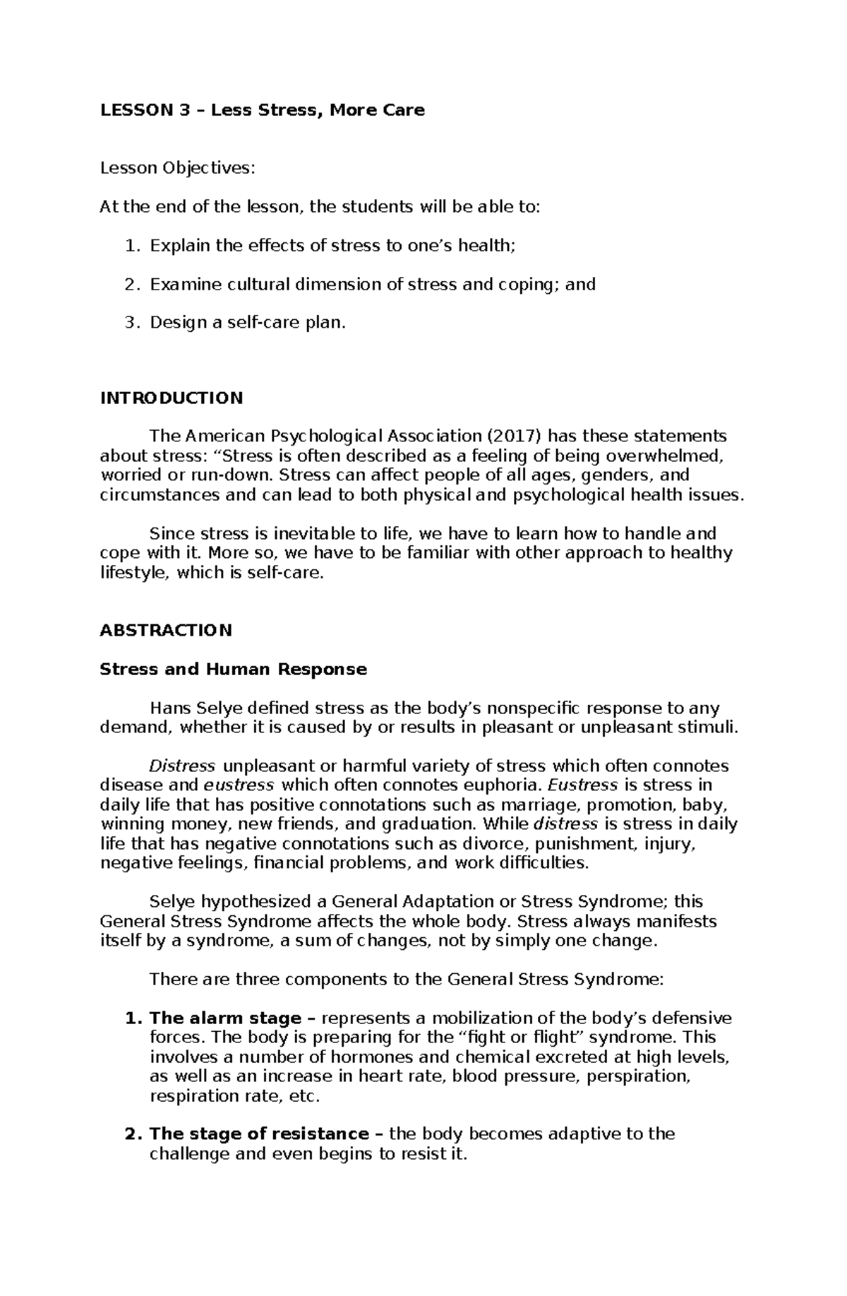 Lesson 3 - Understanding Stress and Self-Care Strategies - Studocu