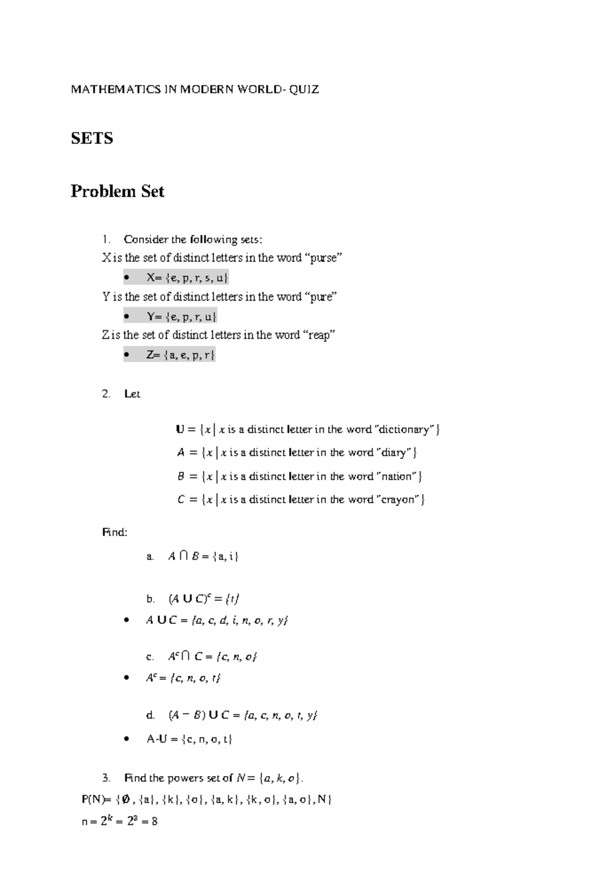 Mathematics in Modern World - Quiz on Sets (MATH 101) - Studocu