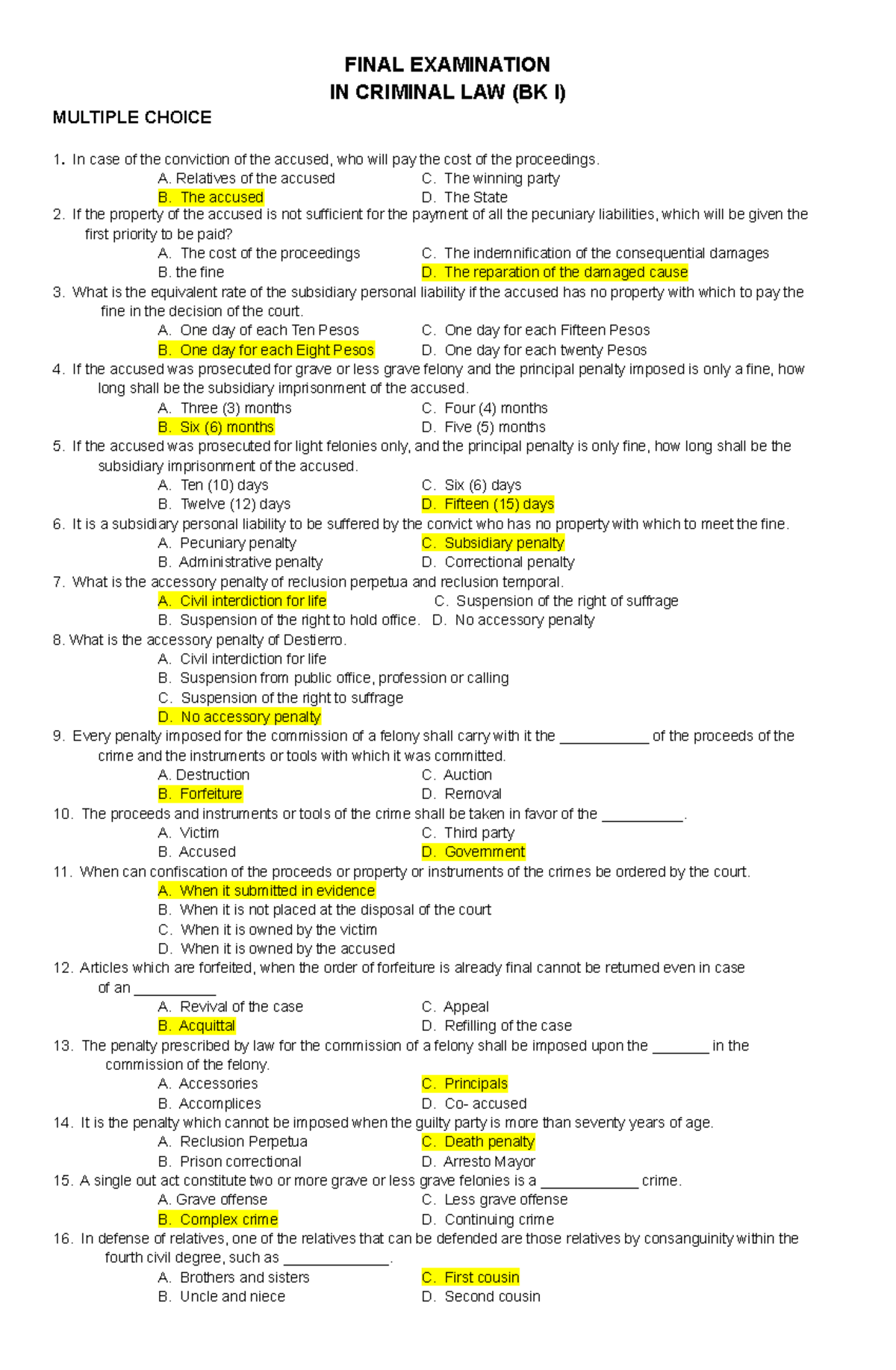 Final Exam in CRIMINAL LAW BK I: Multiple Choice Questions & Answers ...