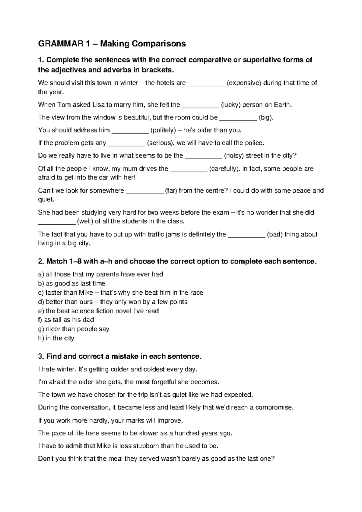 Grammar 1: Making Comparisons Worksheet - Exercises & Corrections - Studocu
