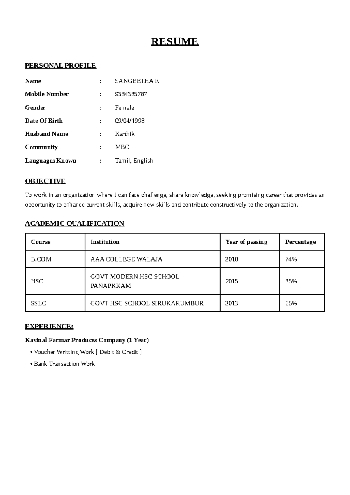 Resume of Sangeetha K - Personal Profile & Experience Details - Studocu