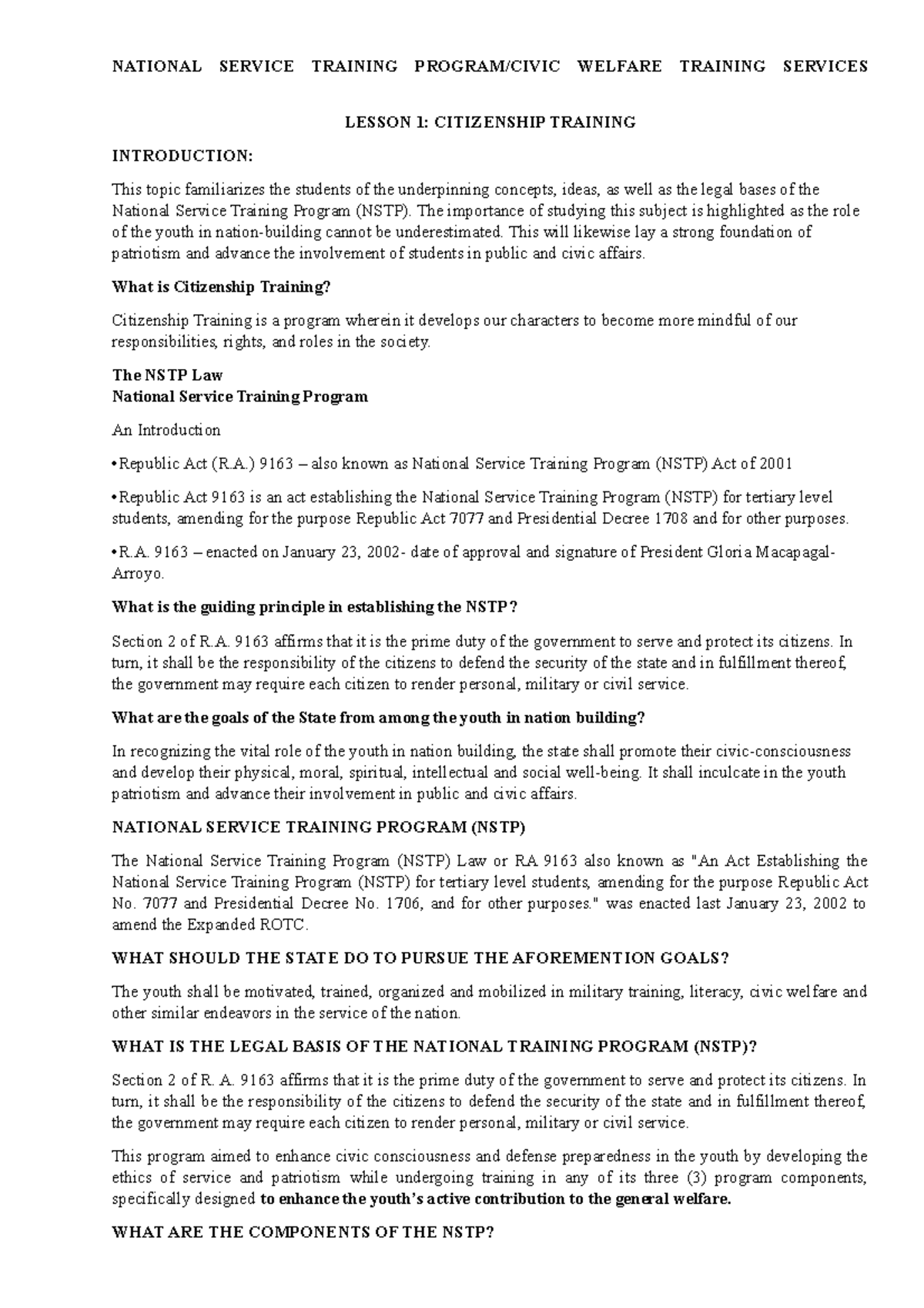 CWTS Lesson 1-5: Comprehensive Handouts on NSTP Topics - Studocu