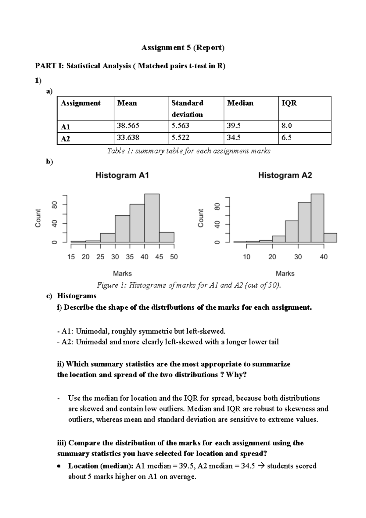 Statistical Analysis Report for Assignment 5 (R) - Part I - Studocu