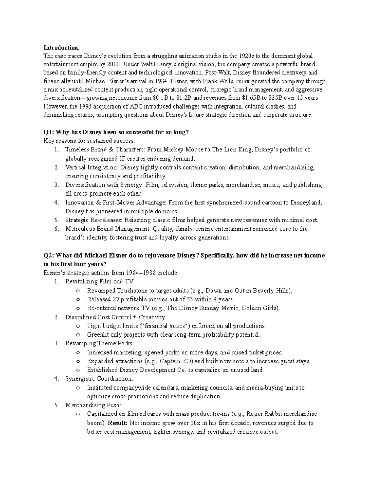Disney Case Study Notes: Evolution & Success Factors - Studocu