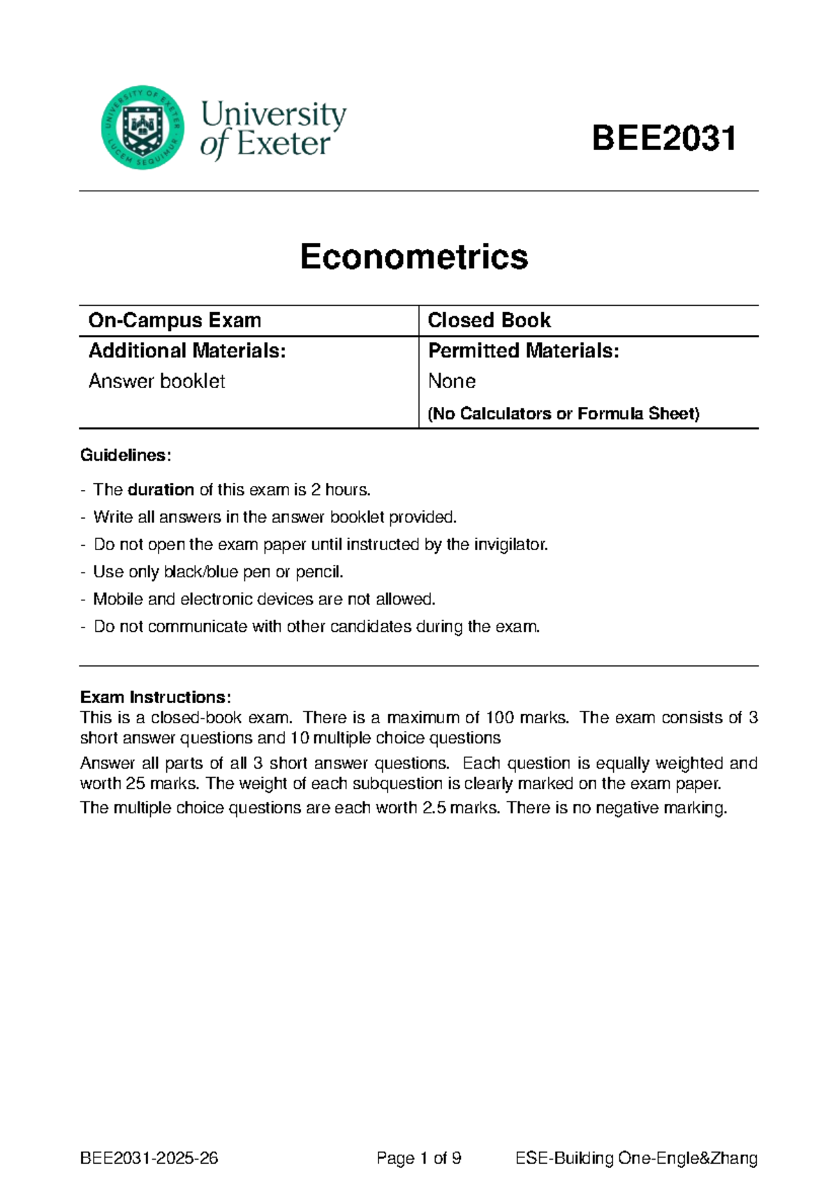 BEE2031 Econometrics Mock Final Exam Guidelines and Questions - Studocu