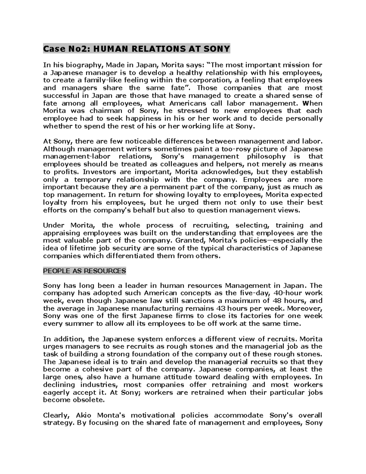 Sony's Human Relations CASE Study: Cultivating Employee Loyalty - Studocu