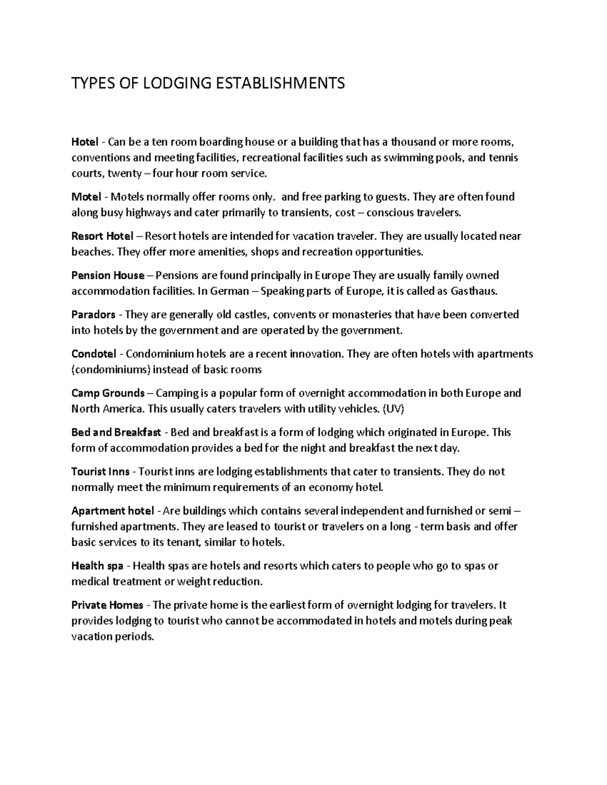 Types of Lodging Establishment - International Hospitality Management ...