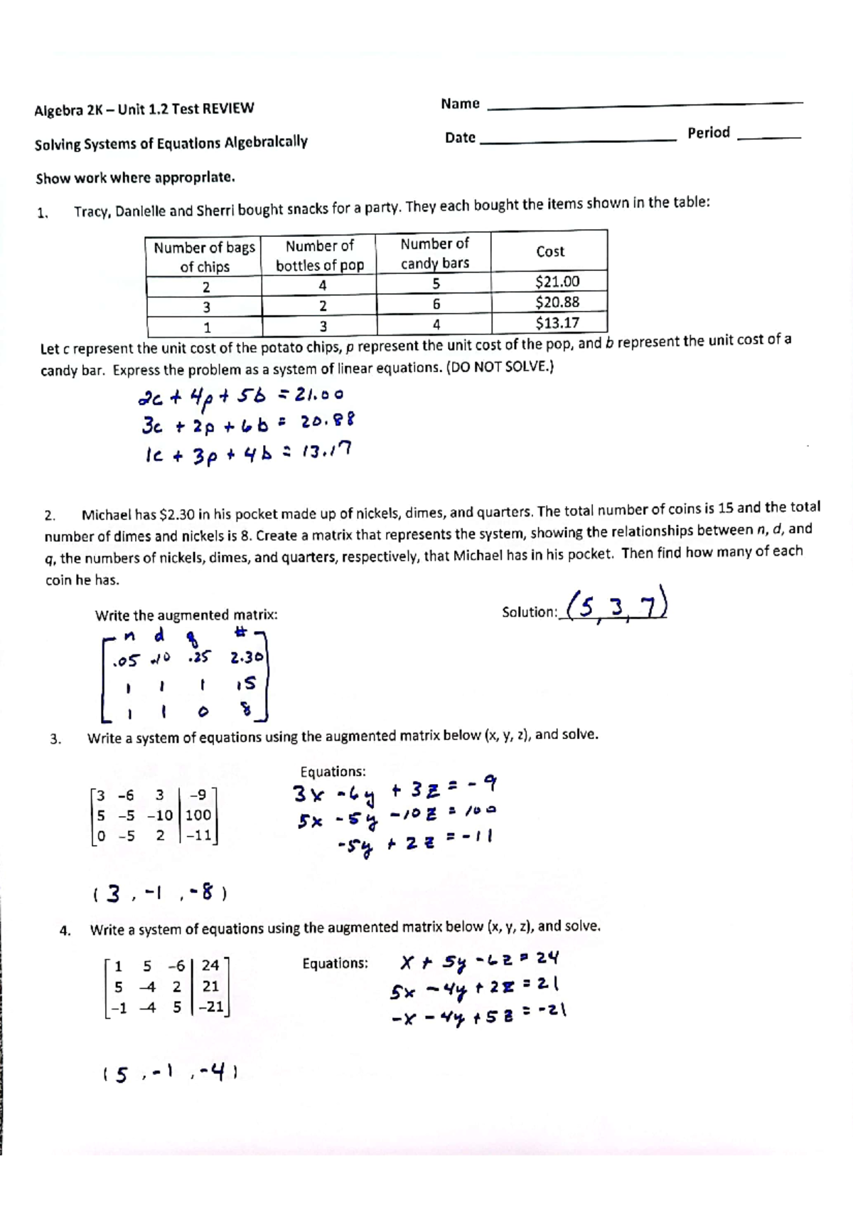 Algebra 2K Unit 1 Test Review Key: Solving Systems of Equations - Studocu