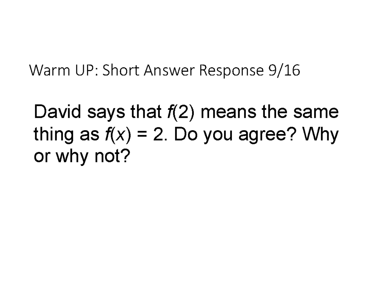 Functions and Function Notation: Short Answer Responses (Algebra 1 ...