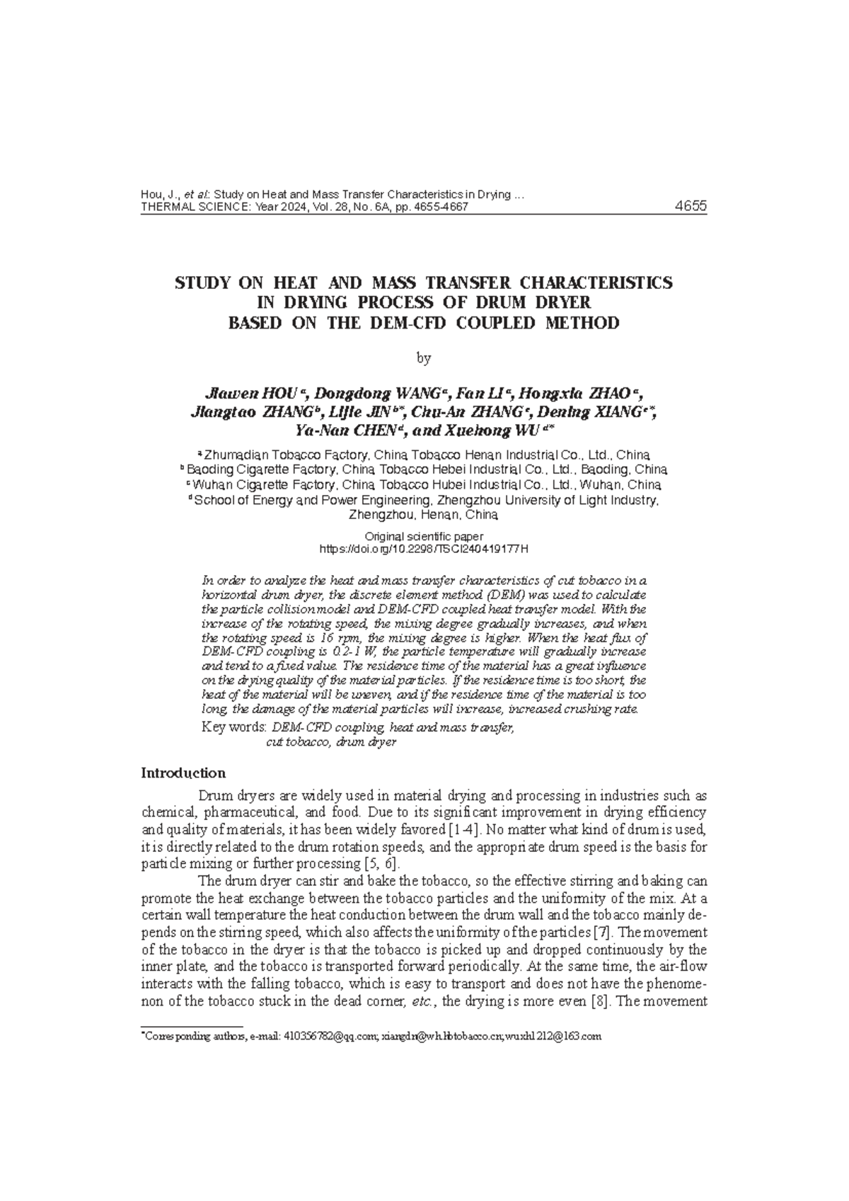 Study on Heat and Mass Transfer in Drum Dryer: THERMAL SCIENCE 2024 ...