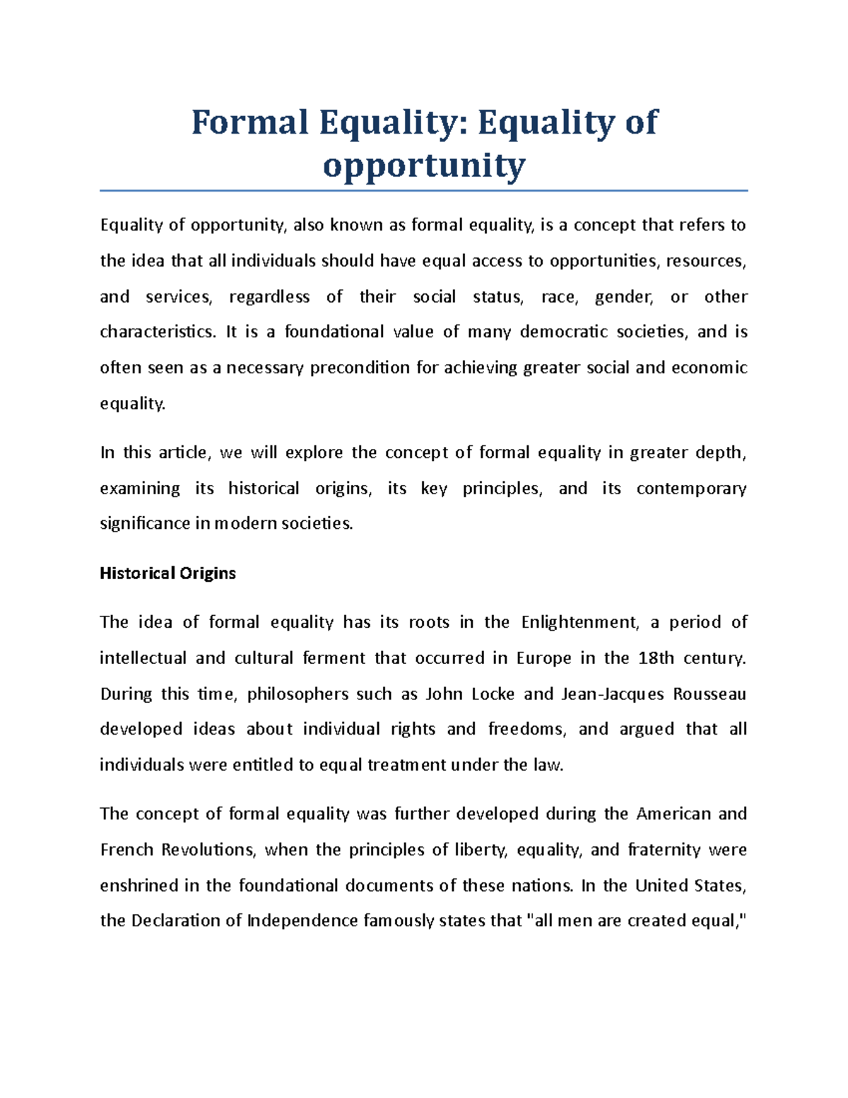Exploring Formal Equality: The Pursuit of Equal Opportunity in Society ...