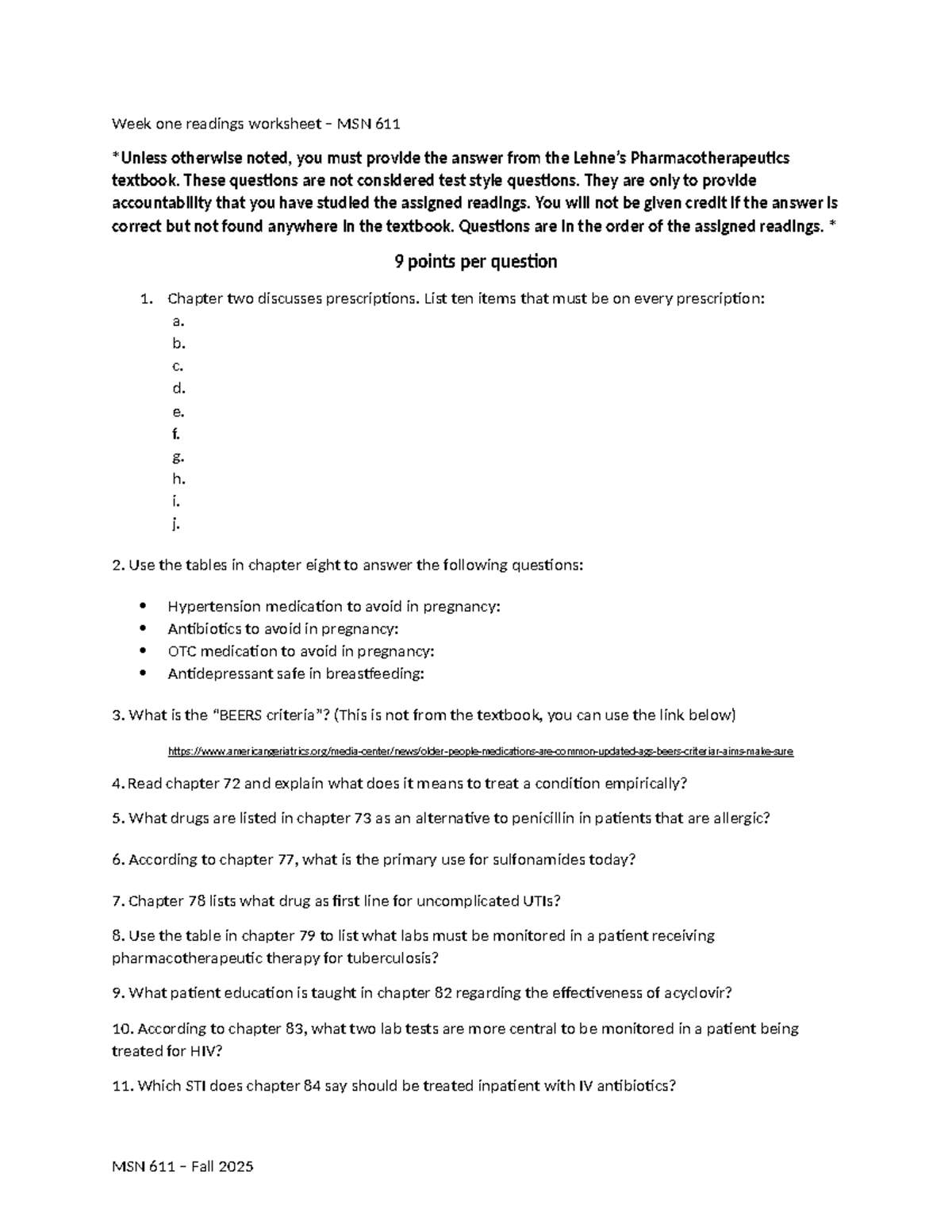 Week One Readings Worksheet: MSN 611 Pharmacotherapeutics - Studocu