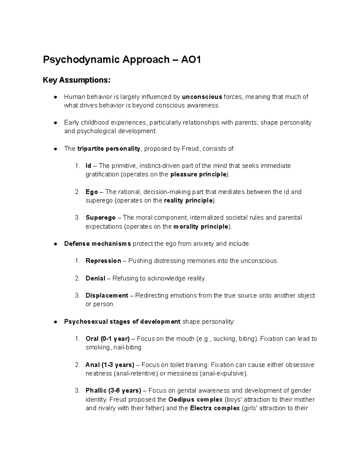 Psychodynamic Approach – AO1 Key Assumptions and Evaluation Insights ...