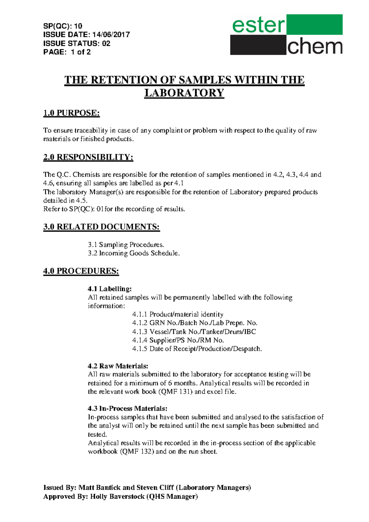 SP(QC): 10 Sample Retention Procedures and Responsibilities - Studocu