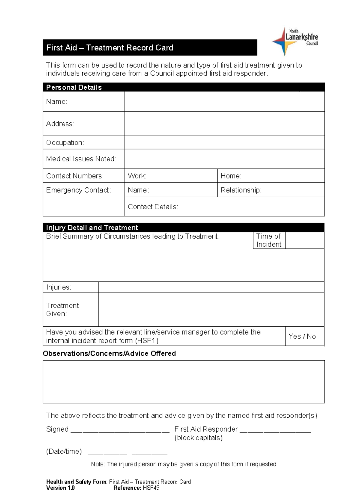 HSF49 First Aid Treatment Record Card - First Aid – Treatment Record ...