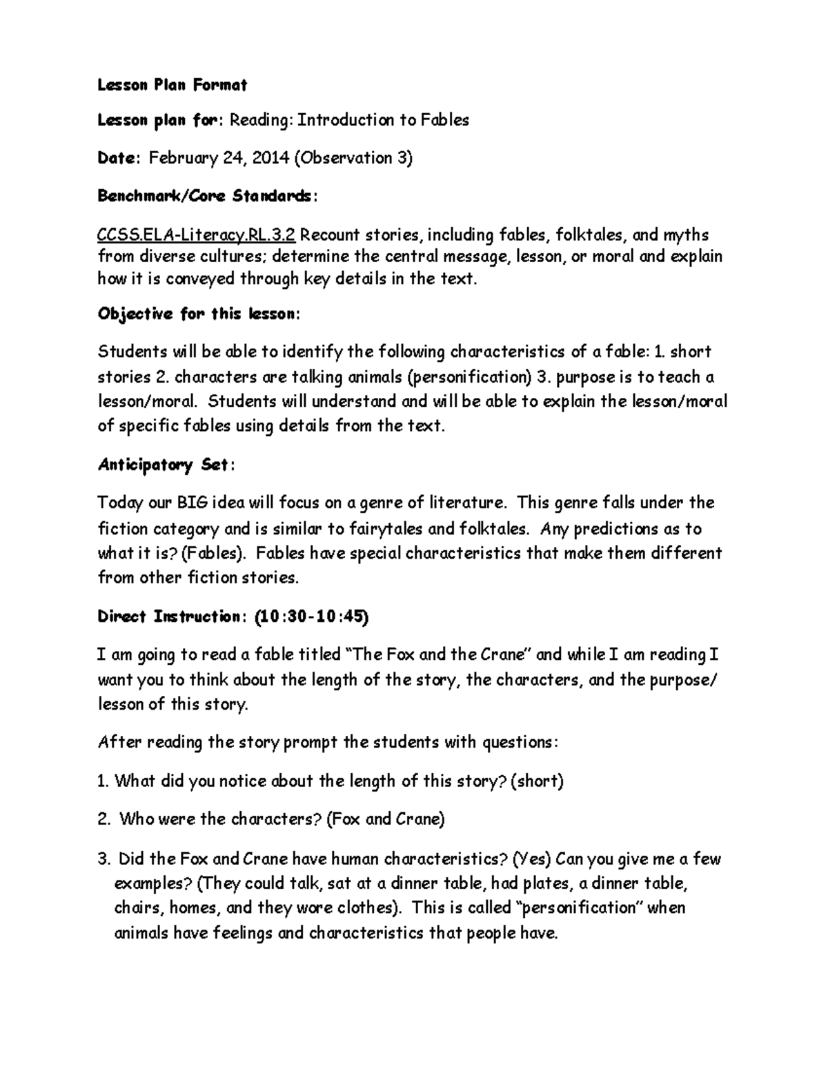 Fable lesson plan - Lesson Plan Format Lesson plan for: Reading ...