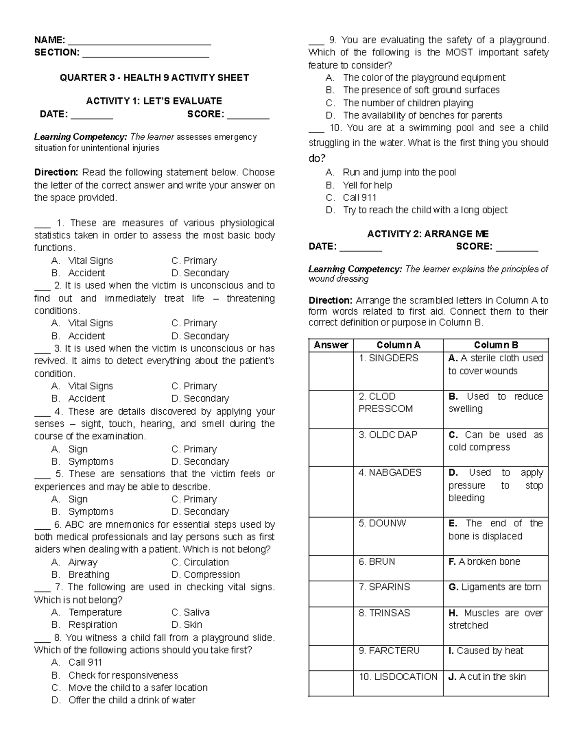 Q3- Health 9-LAS - NAME: ___________________________ SECTION ...