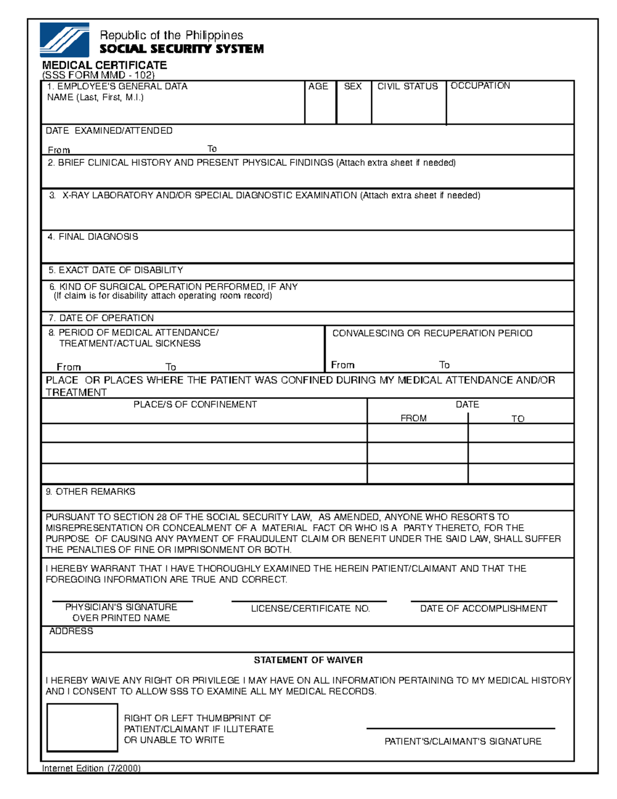 SSS FORM MMD-102: Medical Certificate for Disability Claims - Studocu
