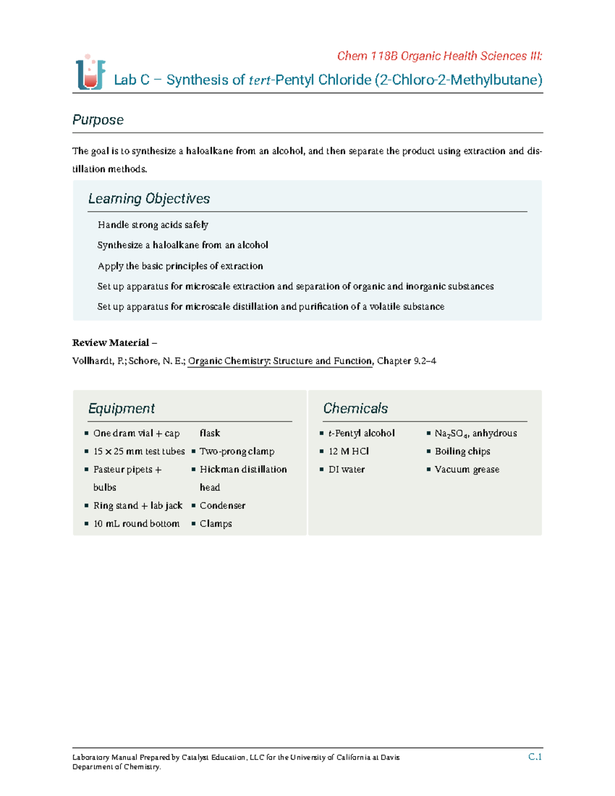 Lab C Report: Synthesis of t-Pentyl Chloride in Chem 118B - Studocu