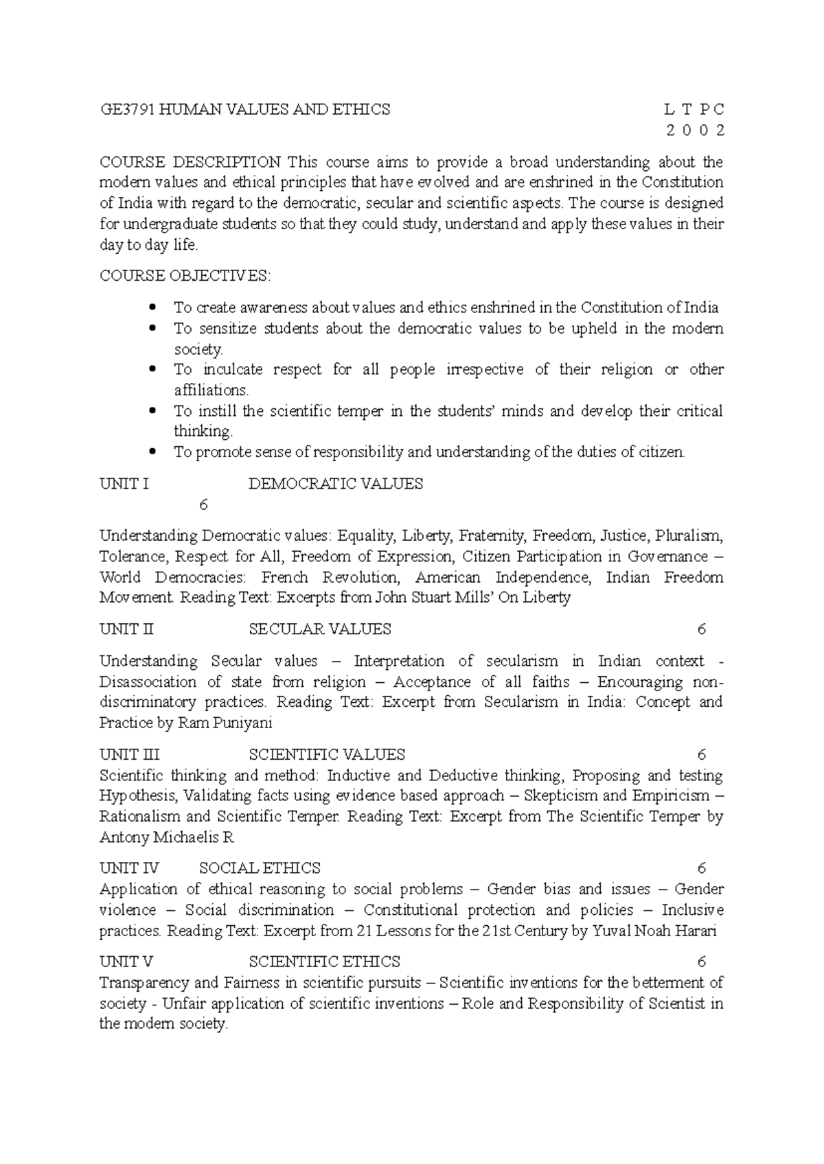 GE3791 Syllabus: Human Values and Ethics Course Overview - Studocu