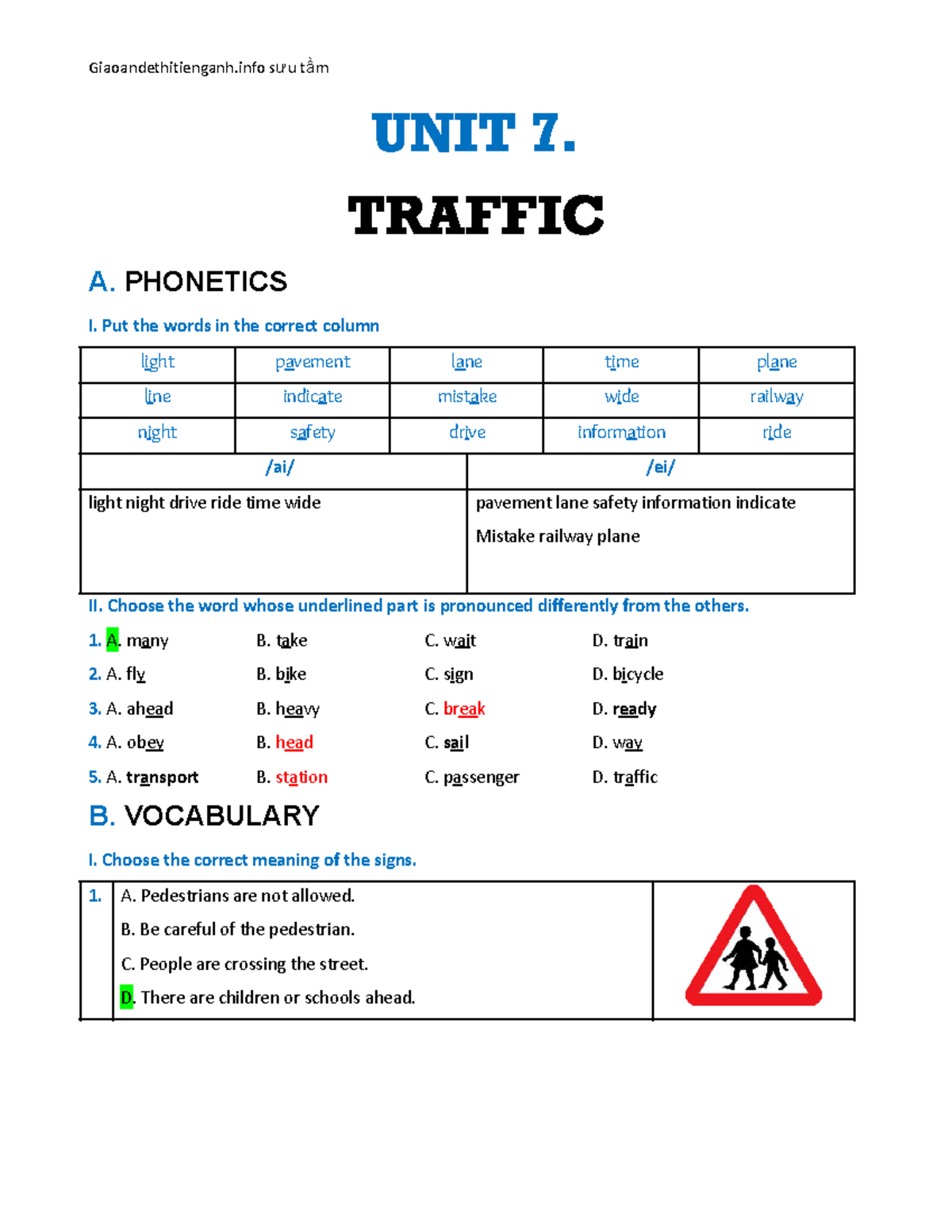 UNIT 7: Traffic - Review for Grade 7 - Studocu