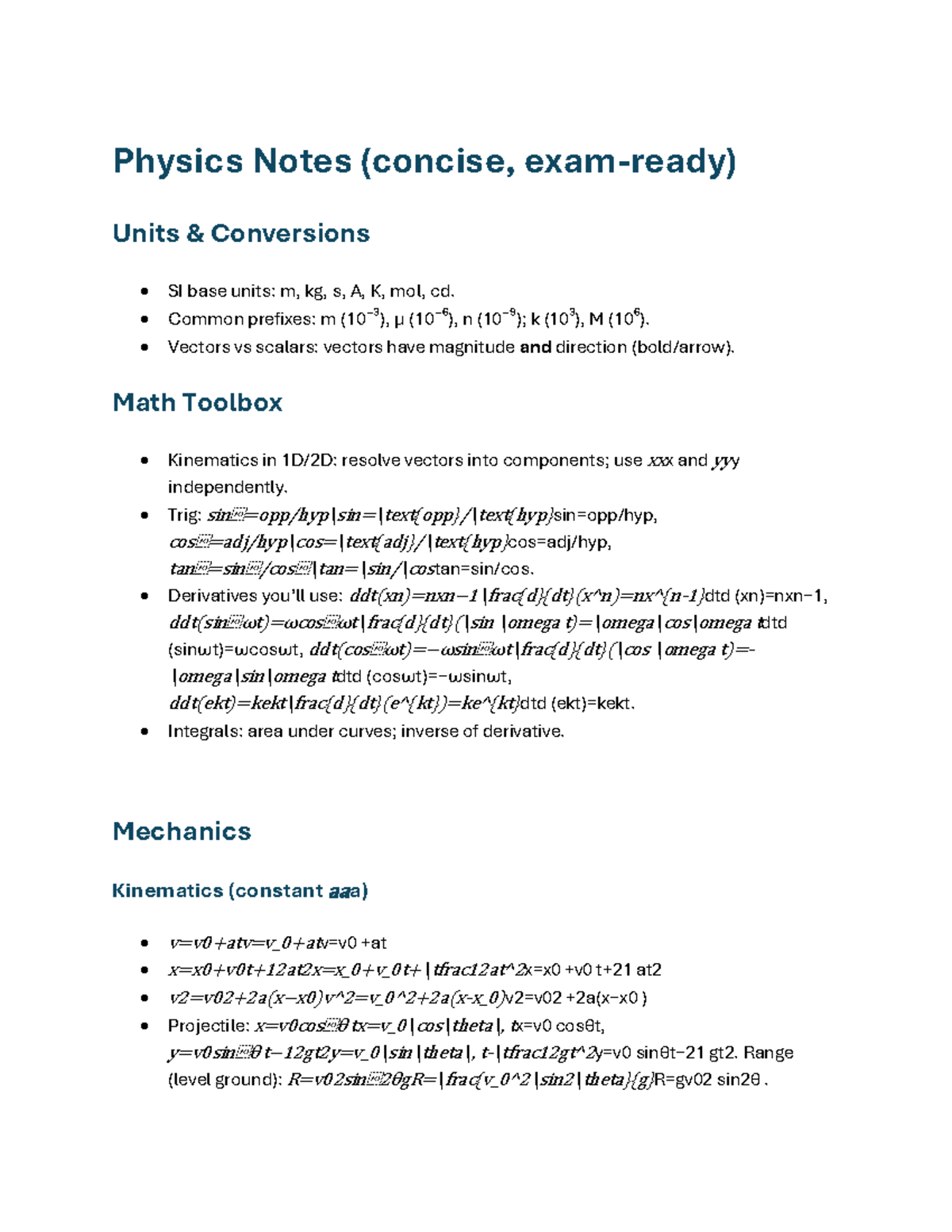 Physics Notes: SI Units, Kinematics, Dynamics, and Electricity (PHYS101 ...