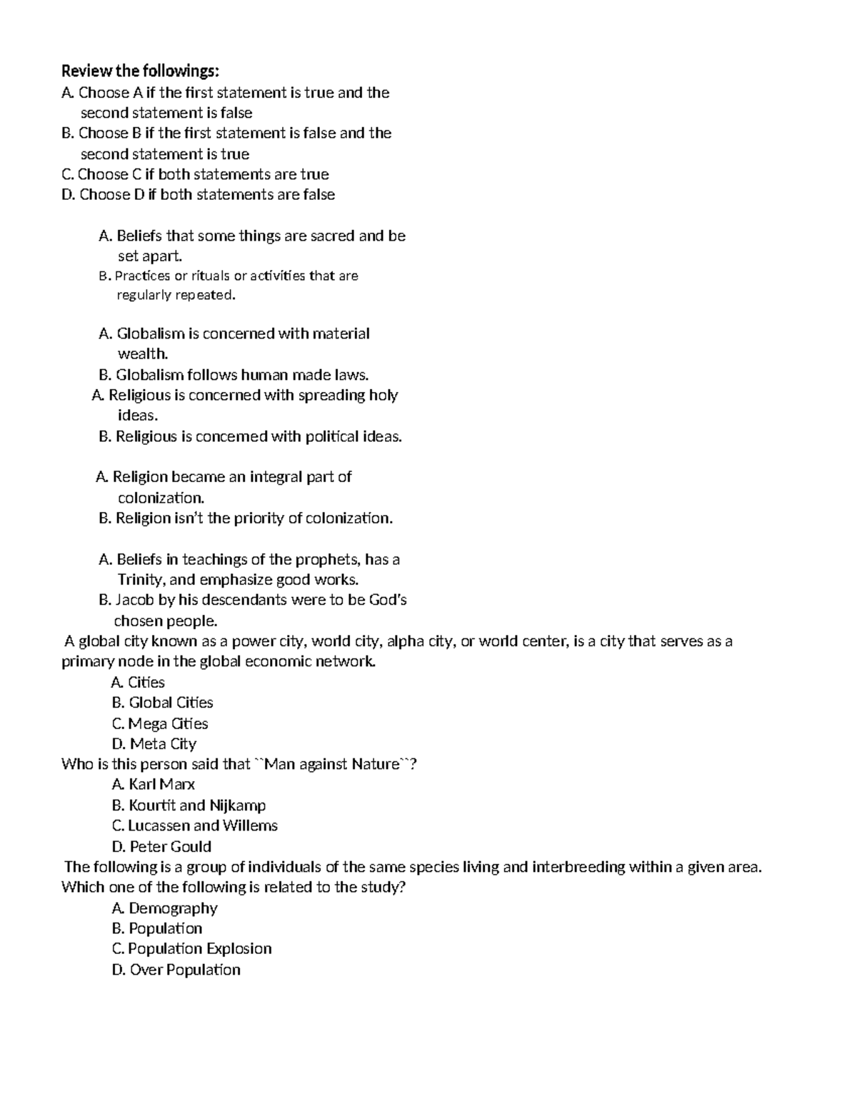 Reviewer: Contemporary Arts Quiz on Statements and Concepts - Studocu