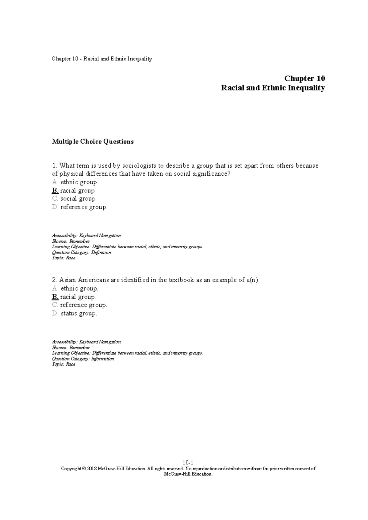 SOCS 101 Chapter 10 Racial and Ethnic Inequality Test Bank - Studocu