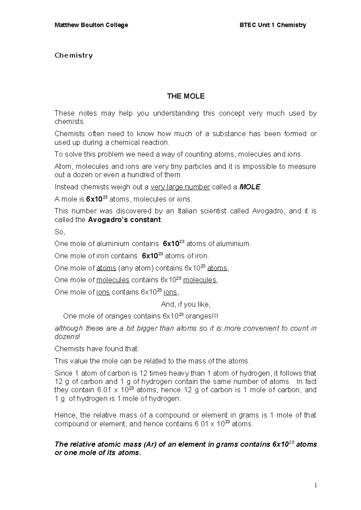 BTEC Unit 1 Chemistry: Understanding the Mole - Worksheet 10 Exam ...