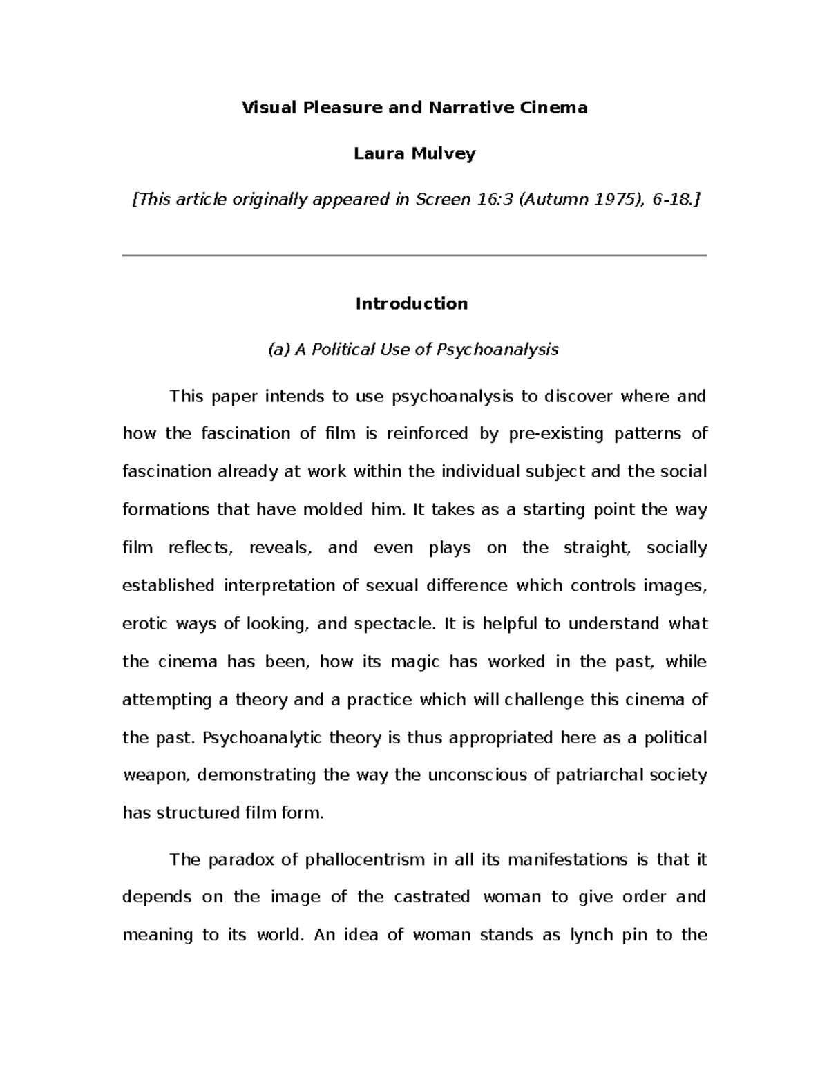 Visual Pleasure and Narrative Cinema: Analyzing Mulvey's Psychoanalytic ...