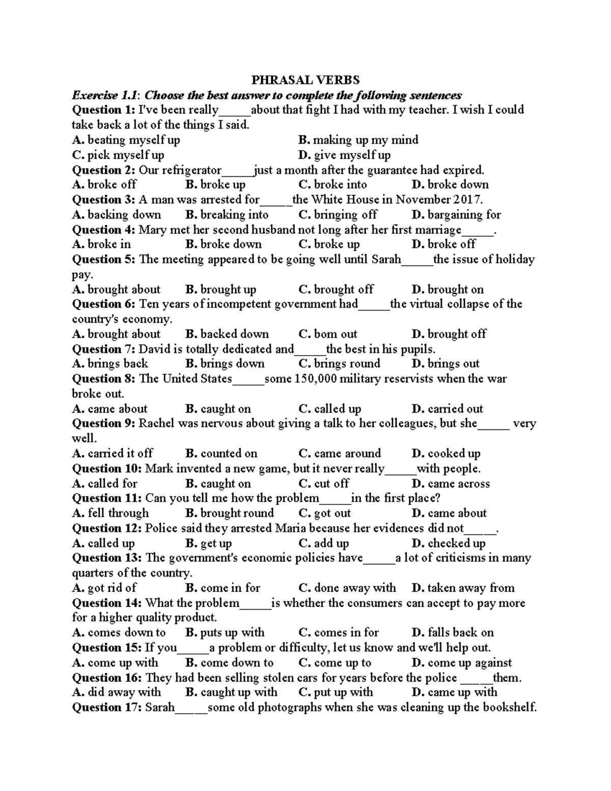 K64 Phrasal Verbs Collocation Exercise Questions and Answers - Studocu