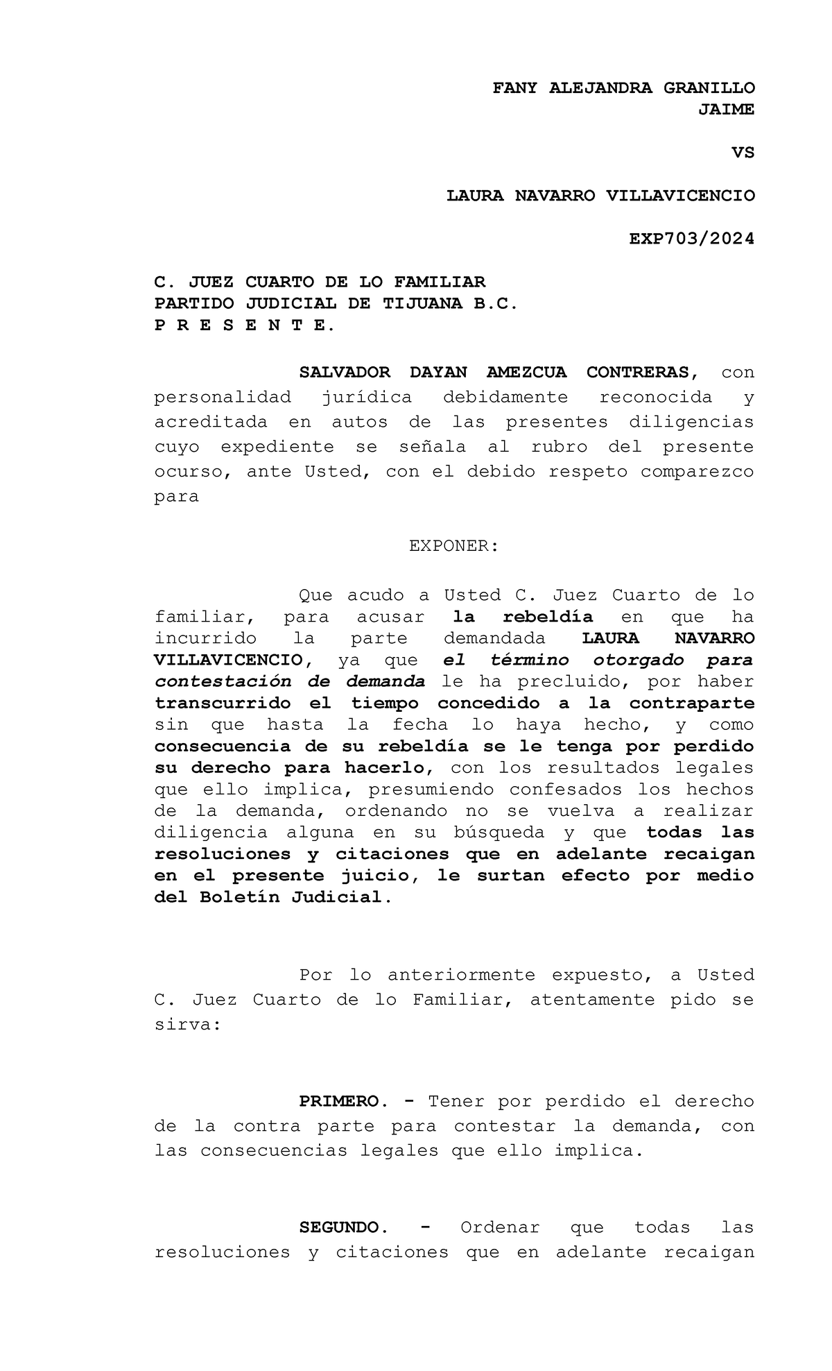 Acuse DE Rebeldía Erick CRUZ PAEZ - FANY ALEJANDRA GRANILLO JAIME VS ...