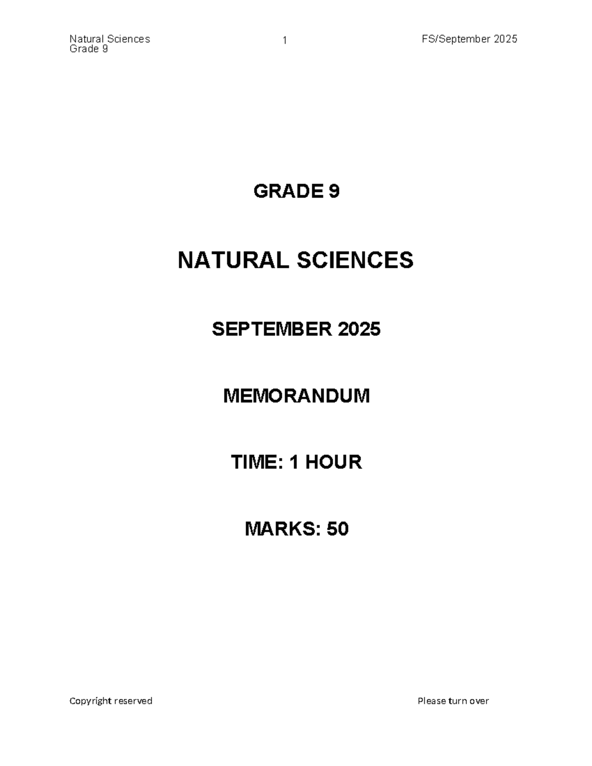 Grade 9 Natural Sciences September 2025 Memorandum - Studocu